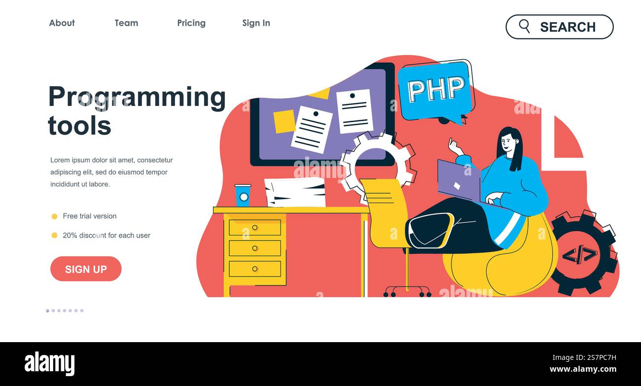 Programming tools concept for landing page template. Woman works at ...