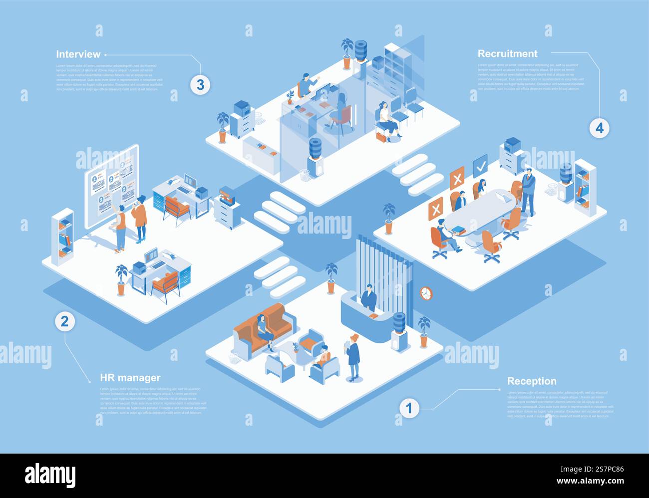 HR agency concept 3d isometric web scene with infographic. People wait at reception, managers ...