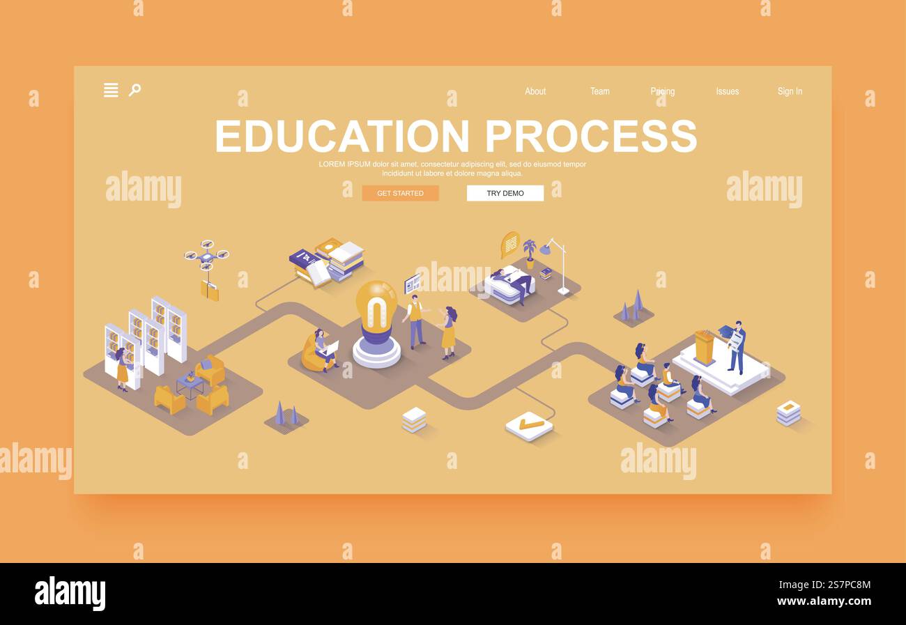Education process concept 3d isometric landing page template. People ...