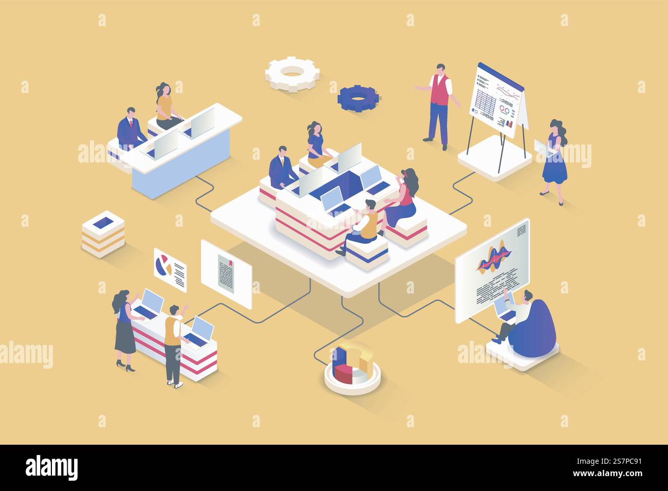 Business meeting concept in 3d isometric design. Colleagues work ...