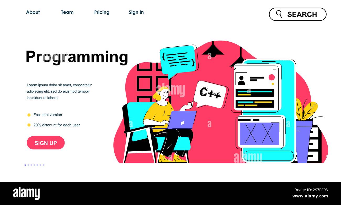 Programming concept for landing page template. Woman writing code and ...
