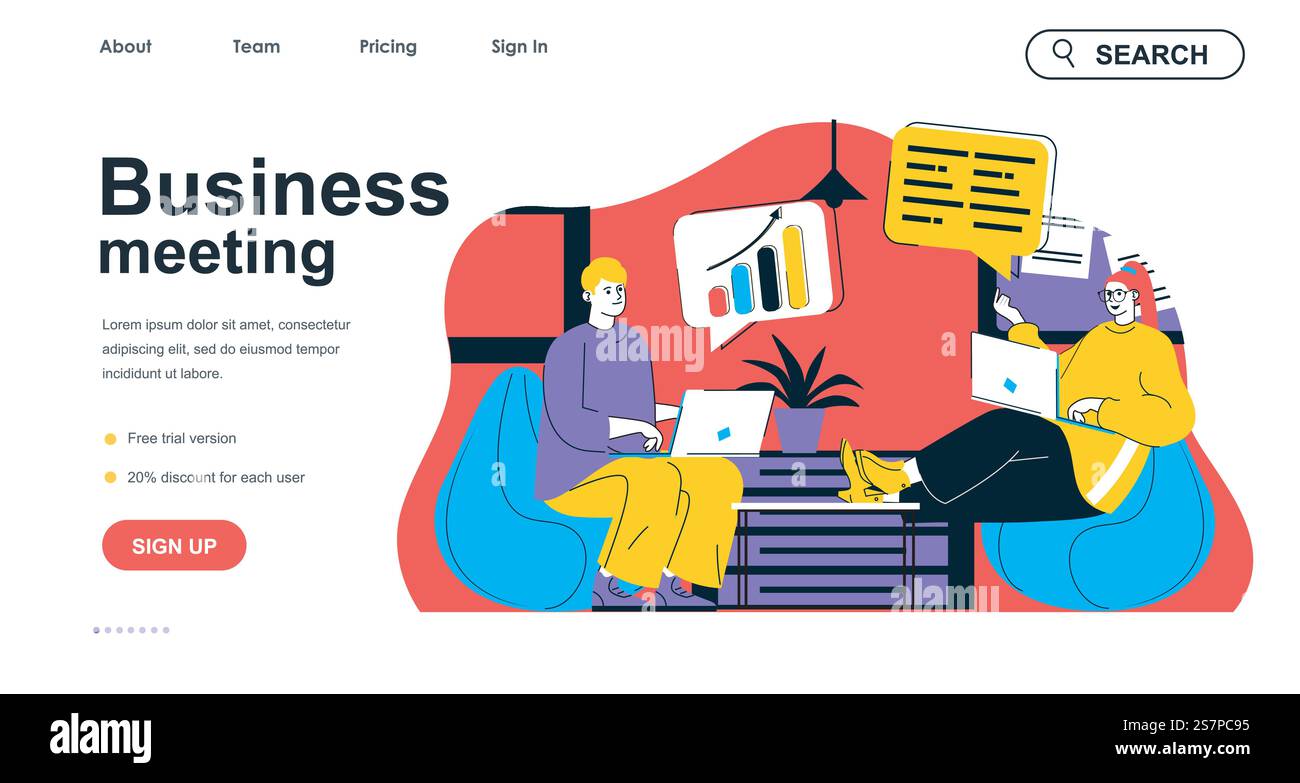 Business meeting concept for landing page template. Colleagues discuss ...