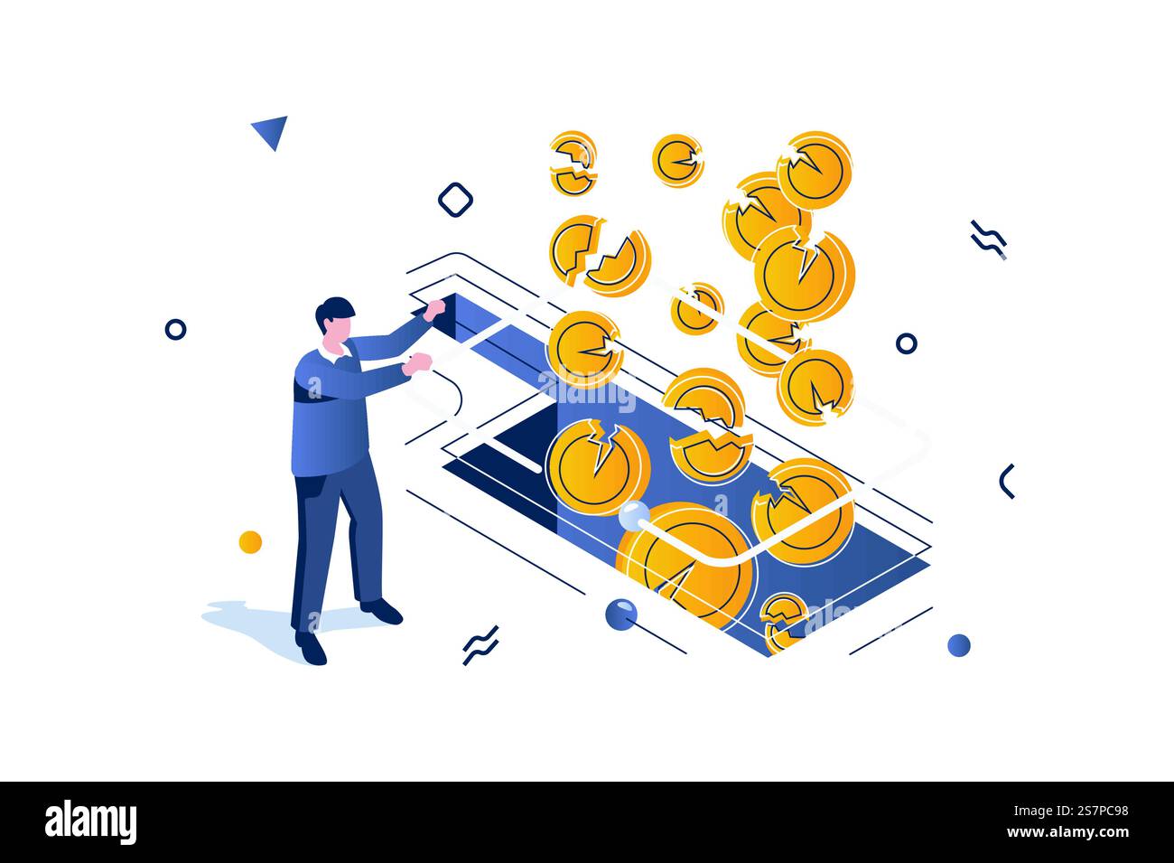 Unemployment crisis concept in 3d isometric design. Man loses broken ...