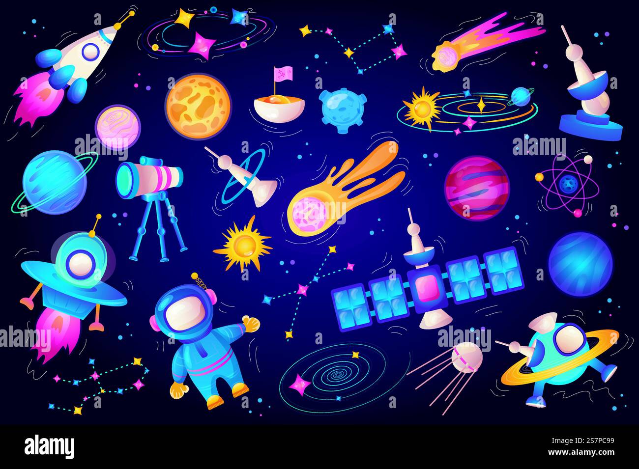 Cosmos set graphic elements in flat design. Bundle of cute astronaut ...