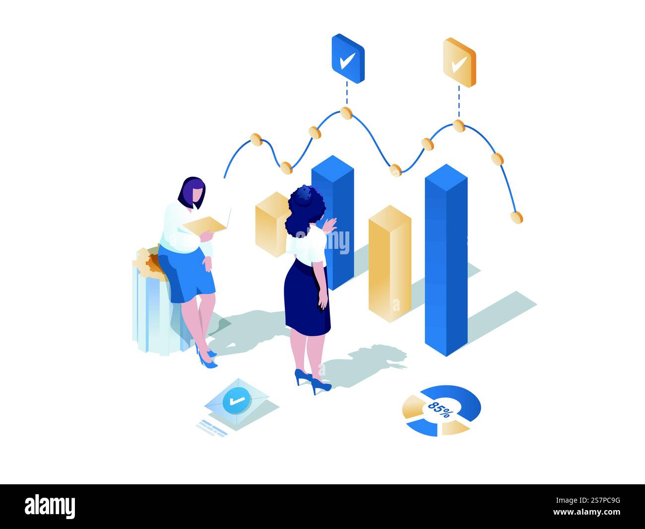 Line graph concept 3d isometric web scene. People working with data ...