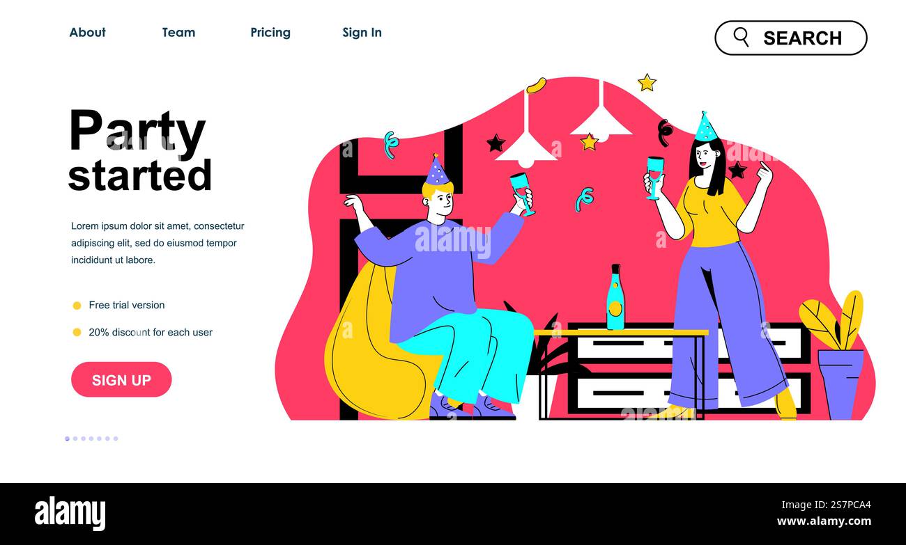 Party started concept for landing page template. Happy man and woman ...