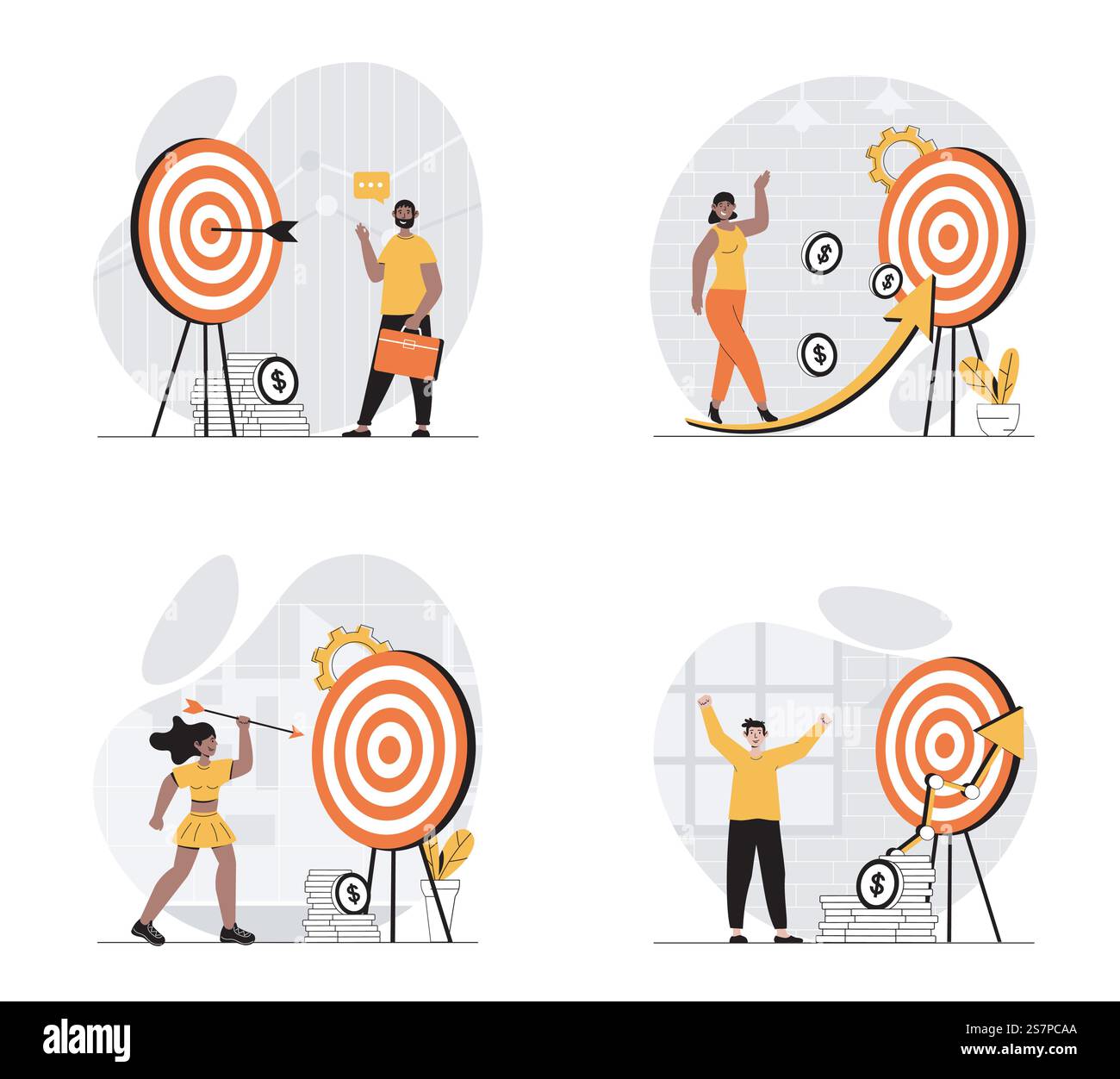 Business target concept with character set. Collection of scenes people ...