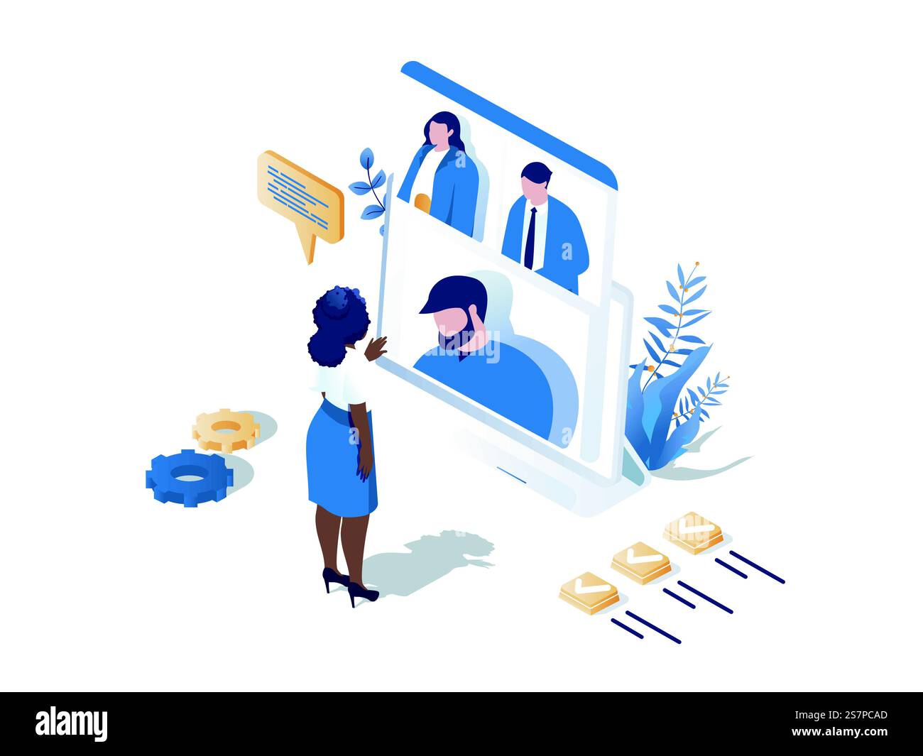 Remote team concept 3d isometric web scene. People discussing work ...