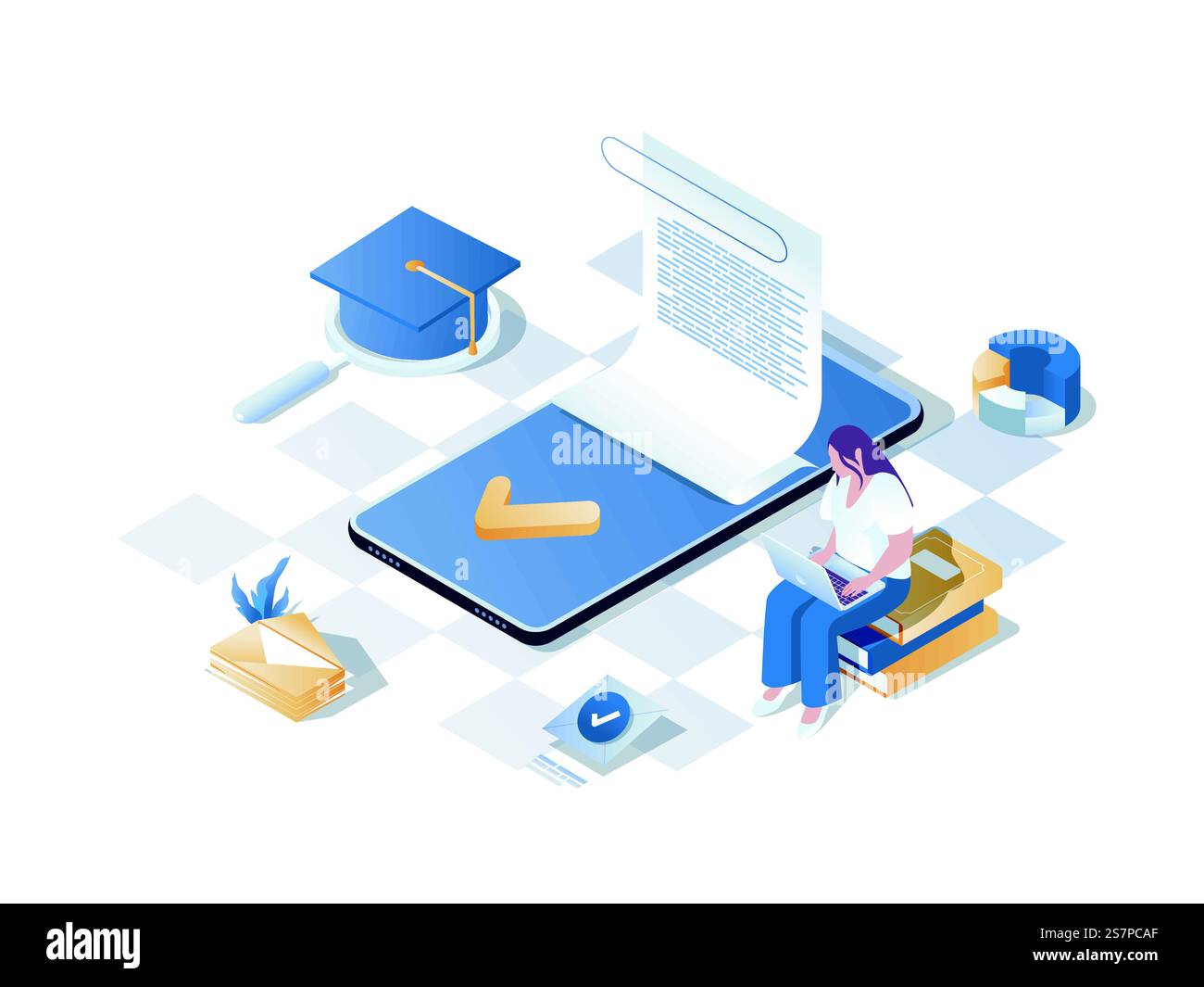 Learning management system concept 3d isometric web scene. People studying at online courses ...