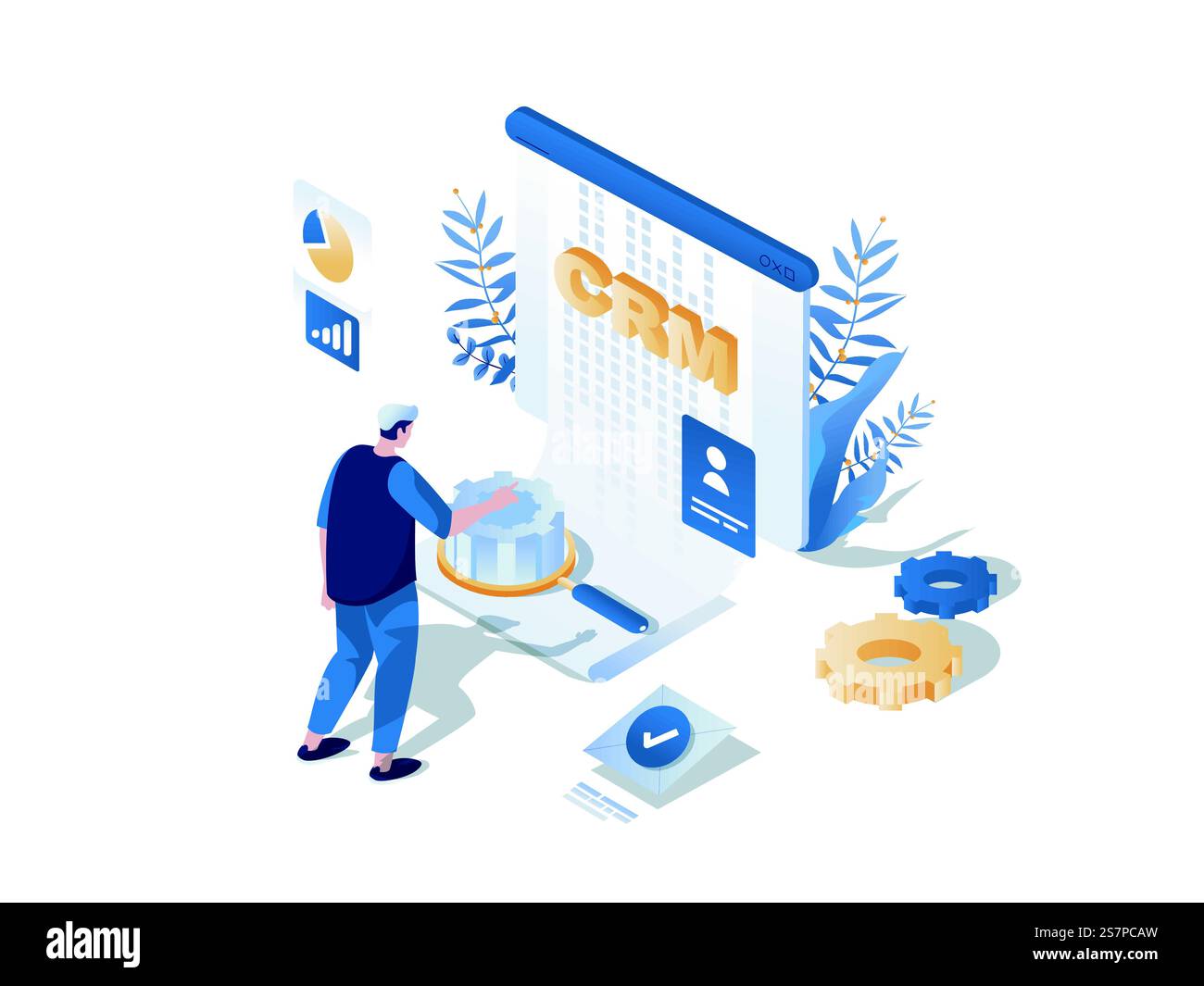 Customer relationship management concept 3d isometric web scene. People using CRM tools for ...
