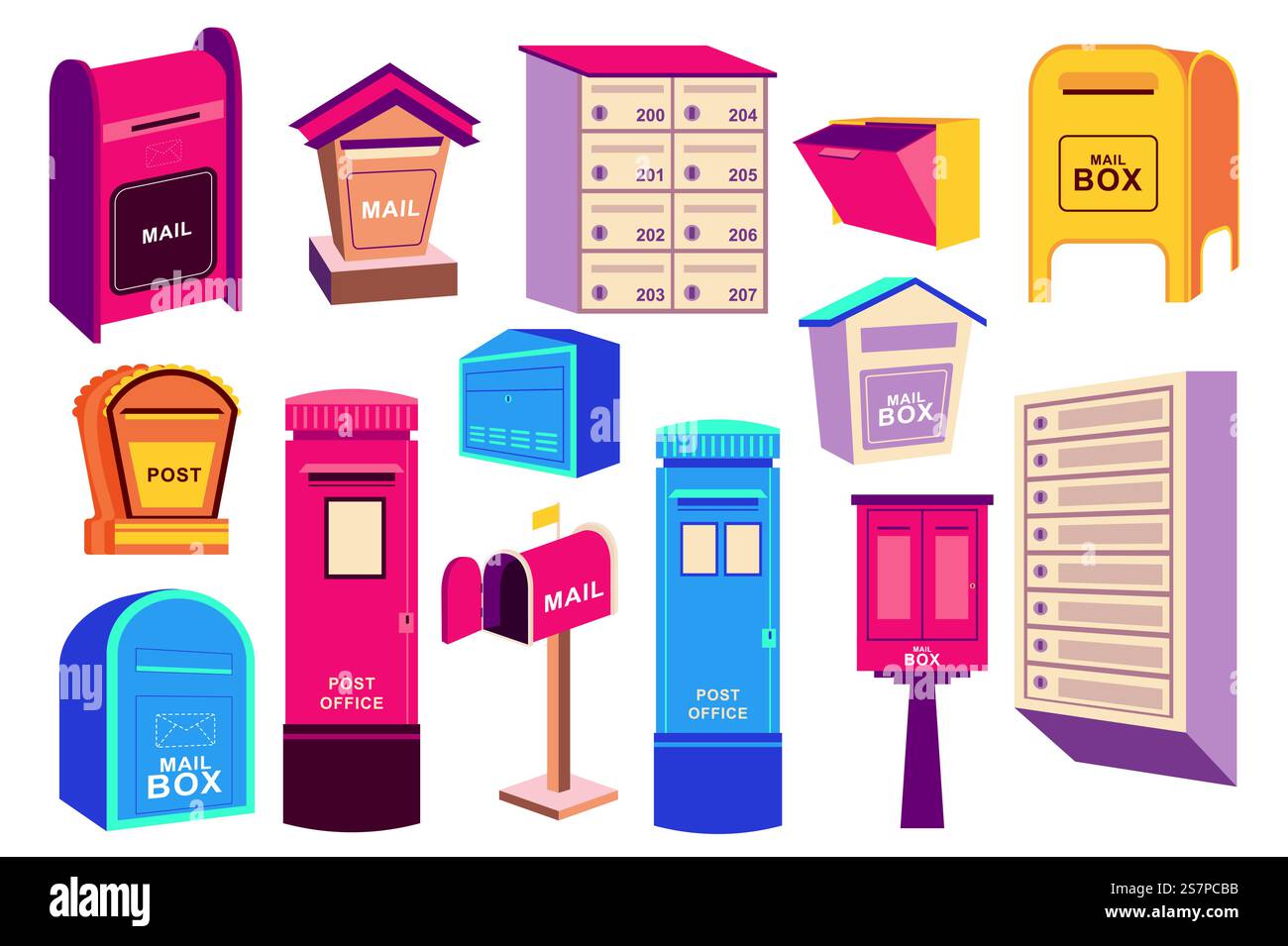 Retro mail boxes mega set elements in flat design. Bundle of different ...