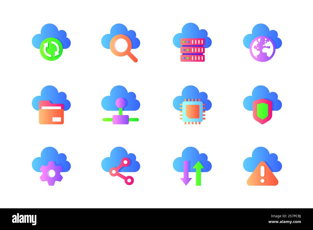 Computer cloud icons set in color flat design. Pack of sync, search, database equipment ...
