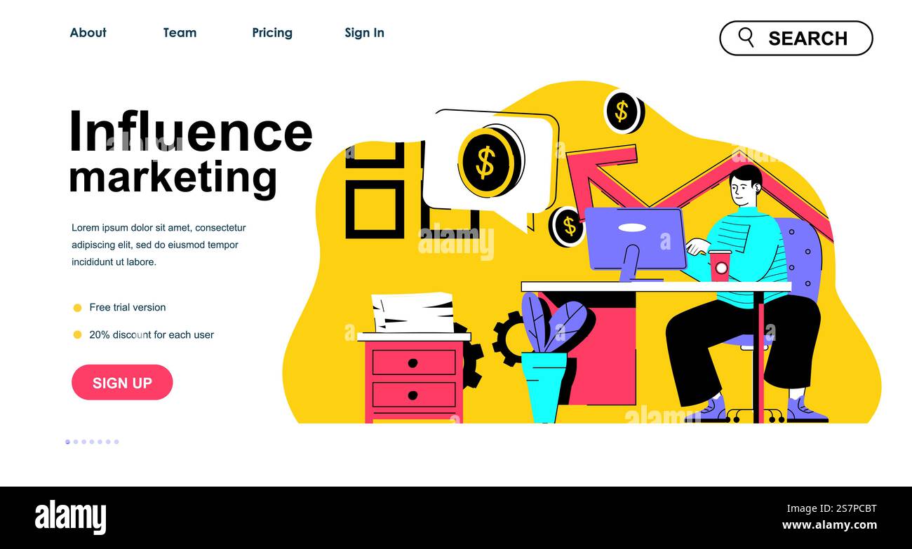Influence marketing concept for landing page template. Blogger promotes ...
