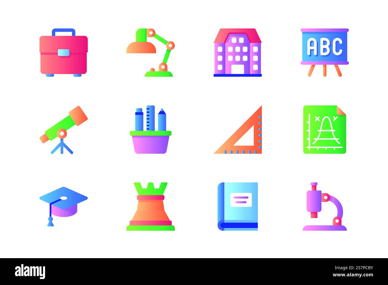 Academy icons set in color flat design. Pack of briefcase, table lamp ...