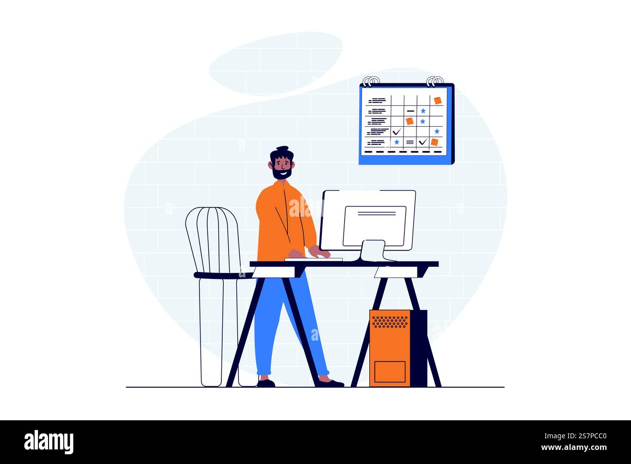 Freelance working web concept with character scene. Man manager planning tasks and briefing ...