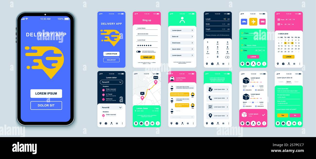 Delivery mobile app screens set for web templates. Pack of login ...