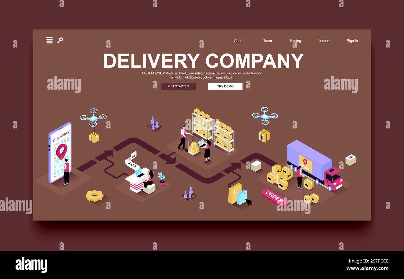 Delivery company concept 3d isometric landing page template. People ...