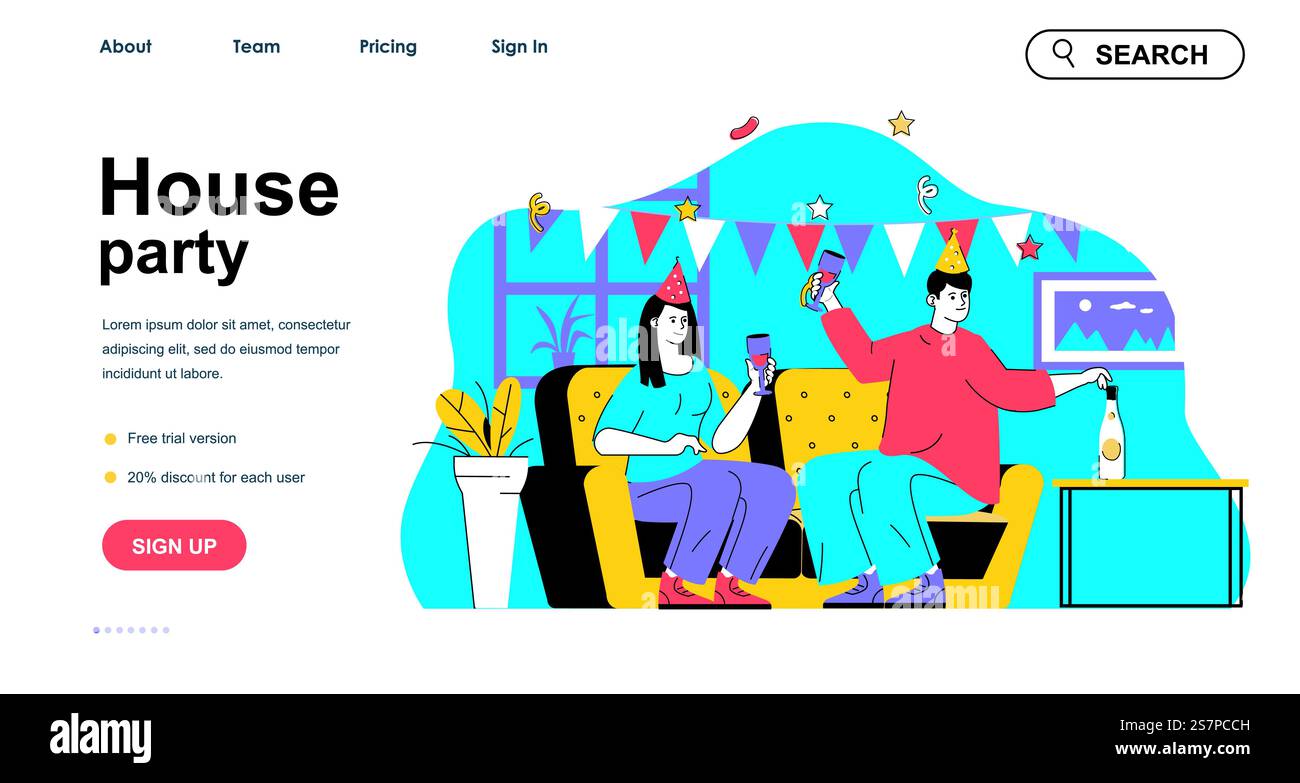 House party concept for landing page template. Man and woman ...