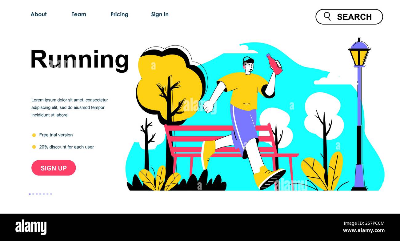 Running concept for landing page template. Man running in park ...