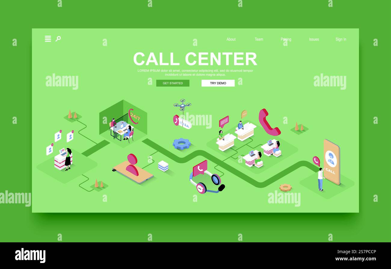 Call center concept 3d isometric landing page template. People work in ...