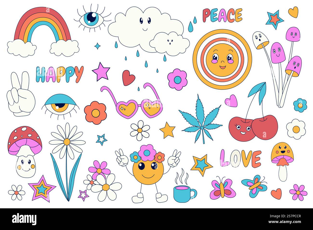 Groovy hippie 70s mega set graphic elements in flat design. Bundle of peace, love, happy ...