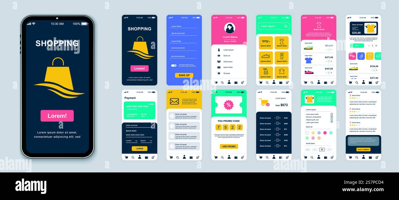 Shopping mobile app screens set for web templates. Pack of login ...