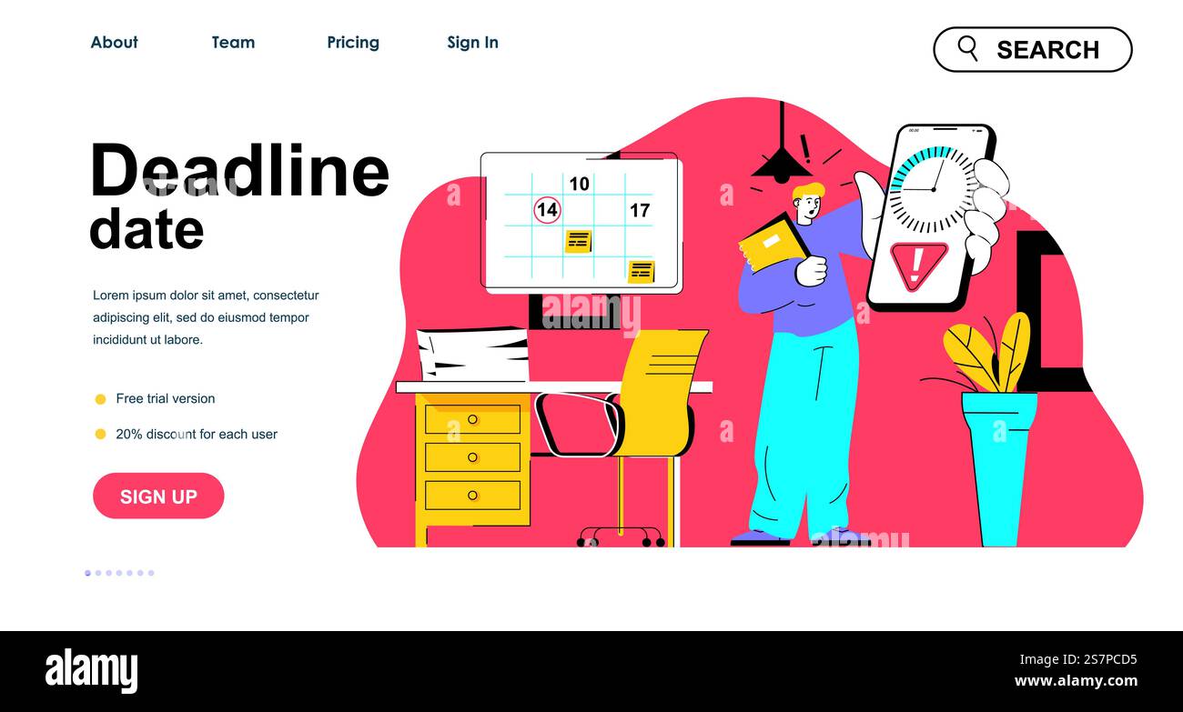 Deadline date concept for landing page template. Worried employee holds ...