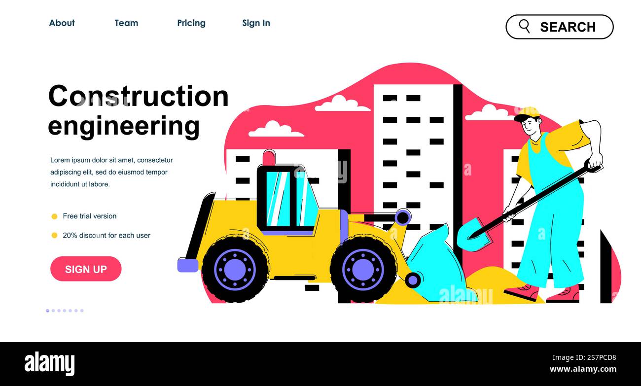 Construction engineering concept for landing page template. Builder with shovel working with ...