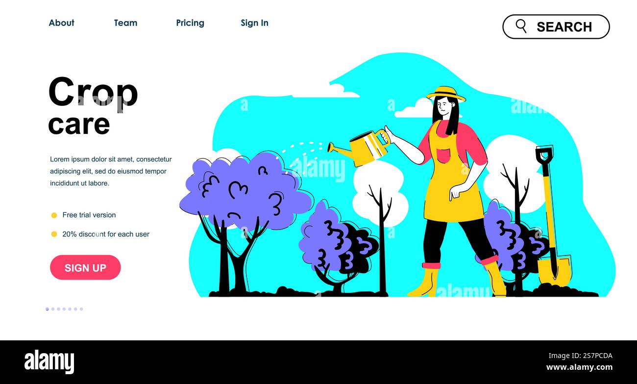 Crop care concept for landing page template. Woman farmer watering ...