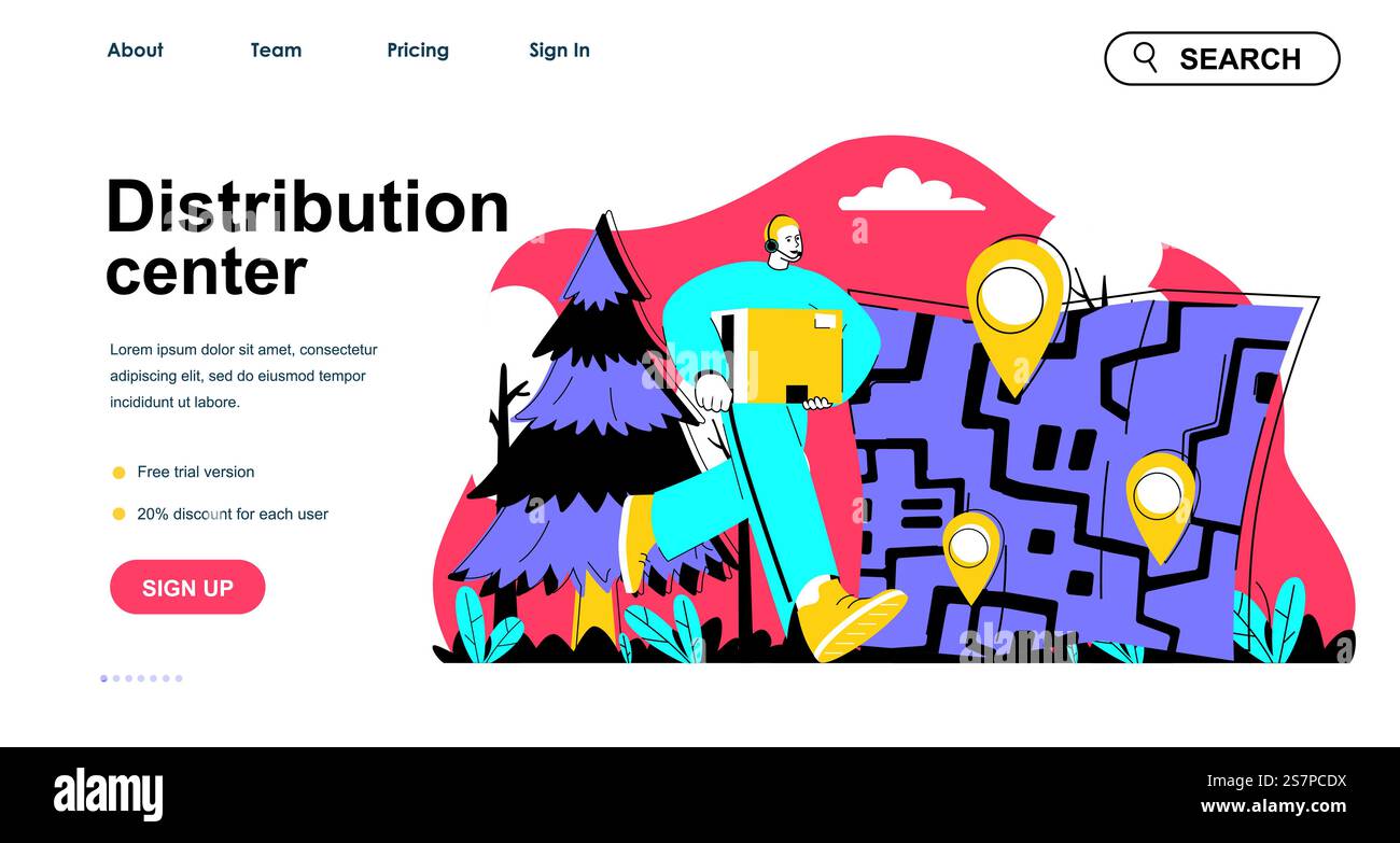 Distribution center concept for landing page template. Courier ...