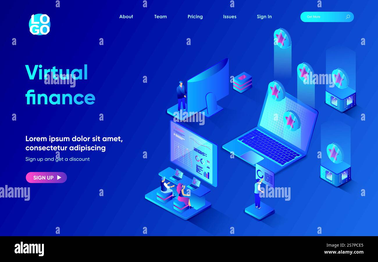 Virtual finance concept 3d isometric web landing page. People manage financial account using ...
