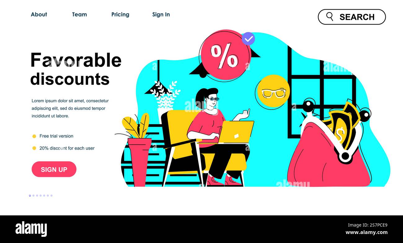 Favorable discounts concept for landing page template. Woman buying ...