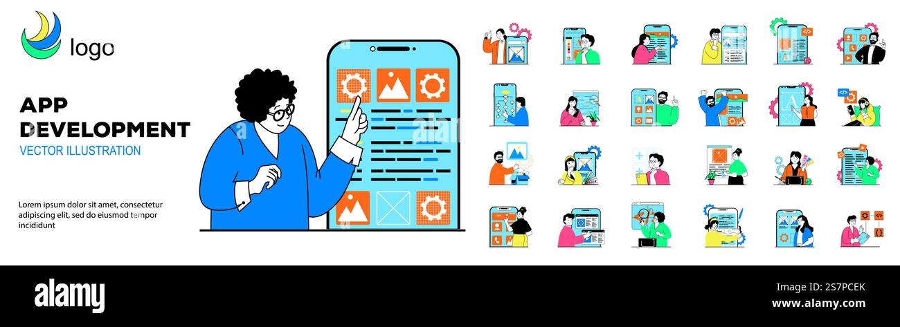 App development concept with character situations mega set. Bundle of scenes people programming ...