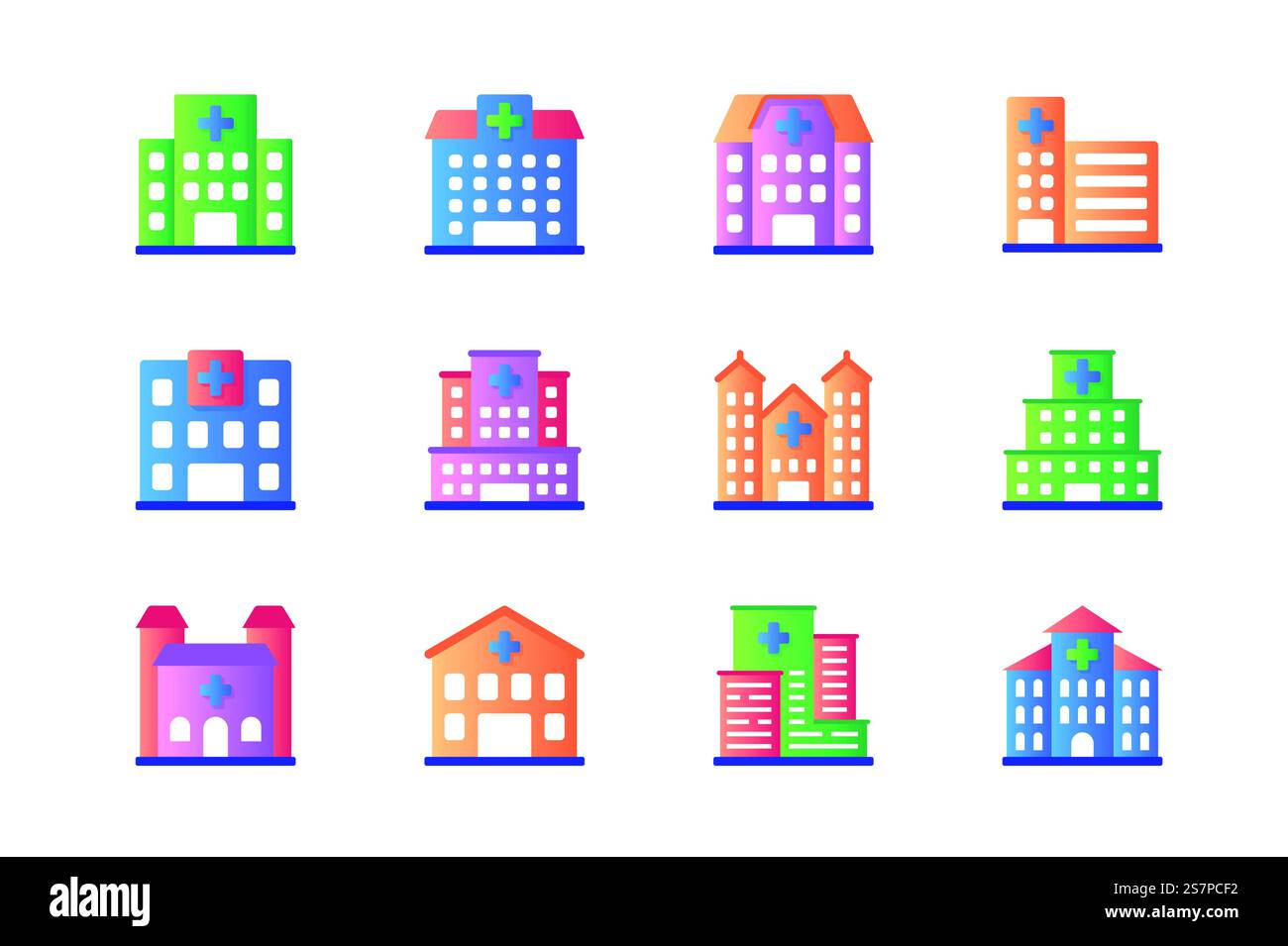 Hospital icons set in color flat design. Pack of building exterior ...