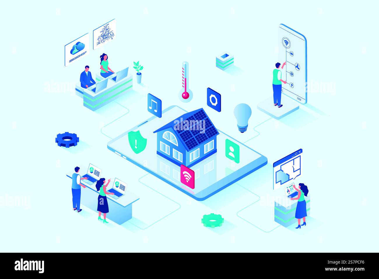 Smart home 3d isometric web design. People monitor and control sensors in house from mobile ...