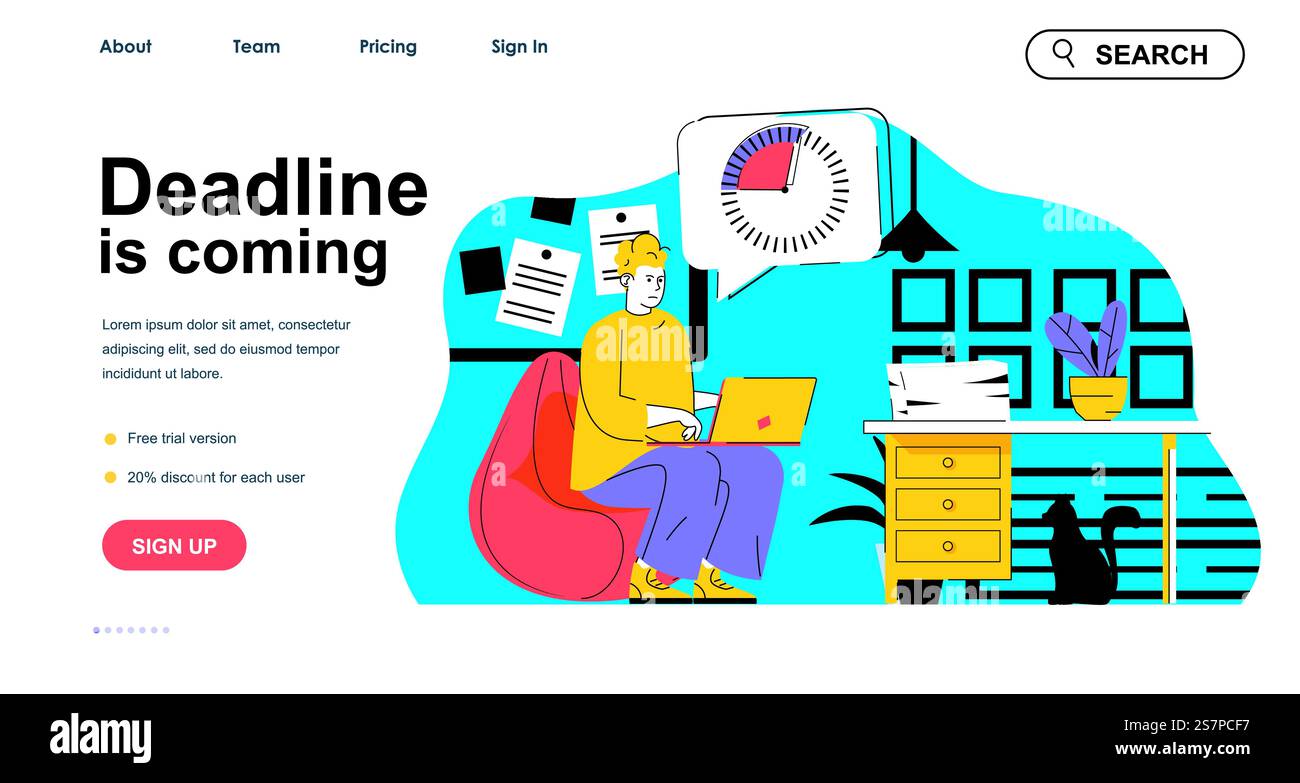 Deadline is coming concept for landing page template. Employee working ...