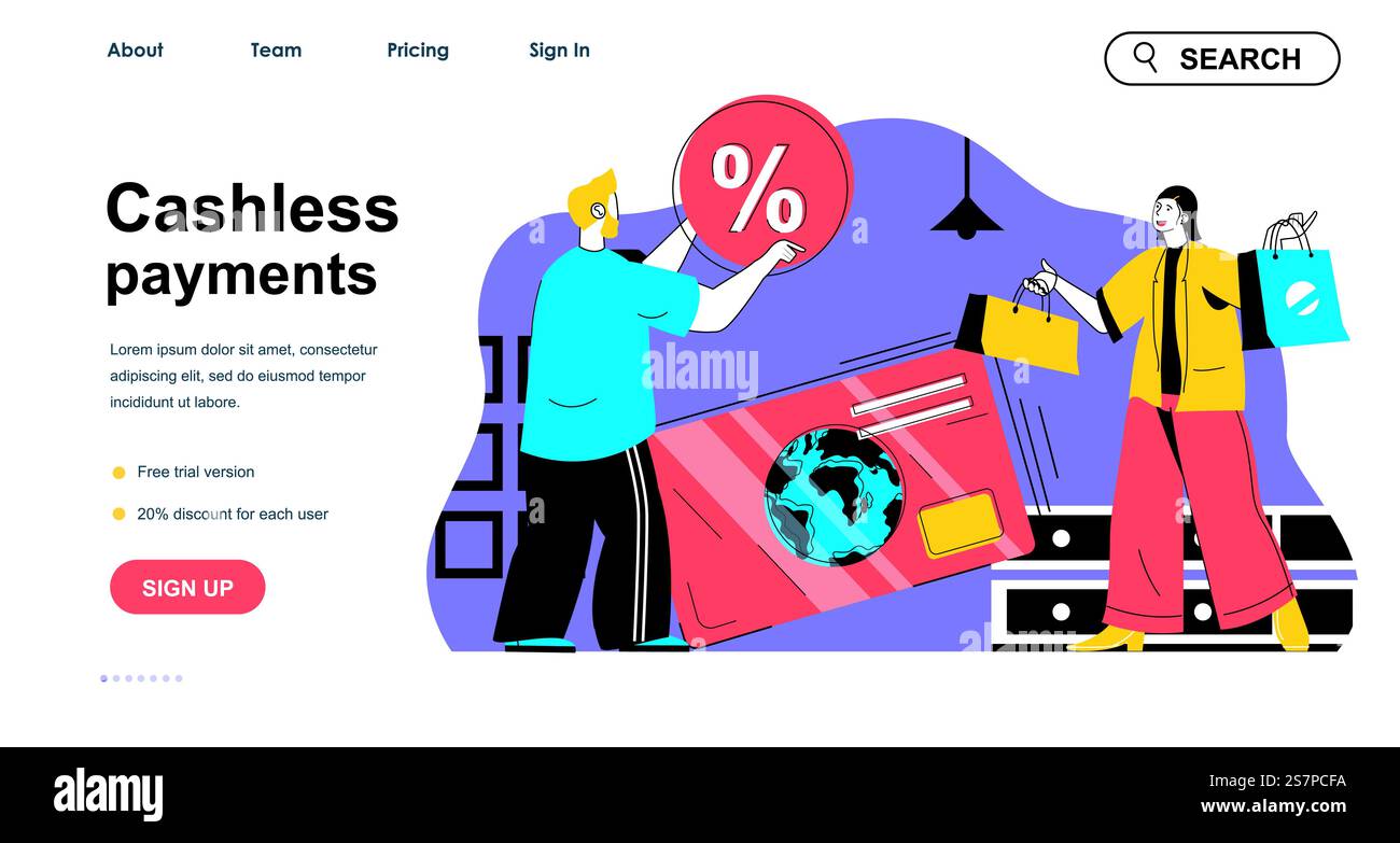 Cashless payments concept for landing page template. Customers shopping ...