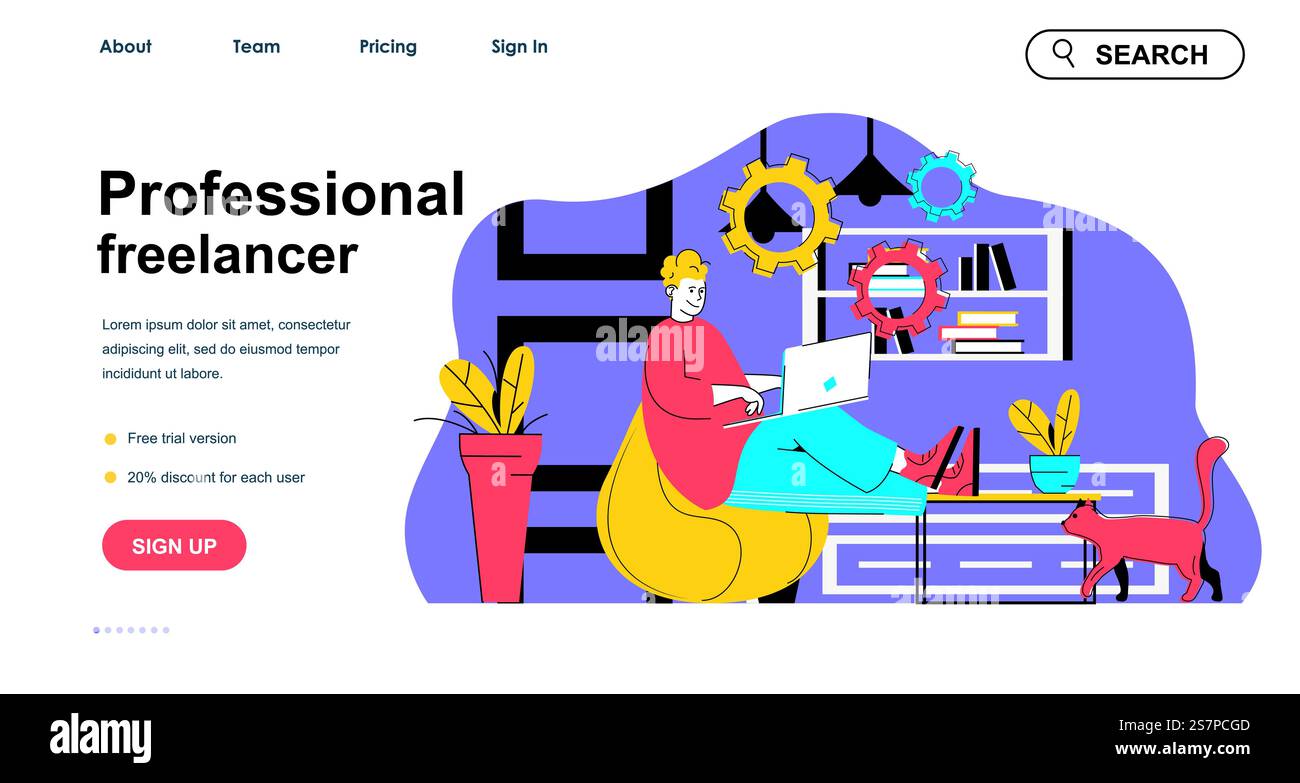 Professional freelancer concept for landing page template. Man works on laptop from home and ...