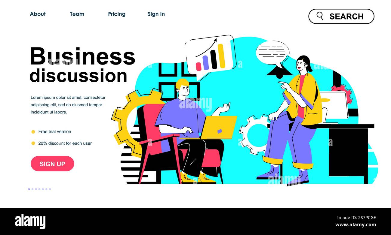 Business discussion concept for landing page template. Employees in office discussing work tasks ...