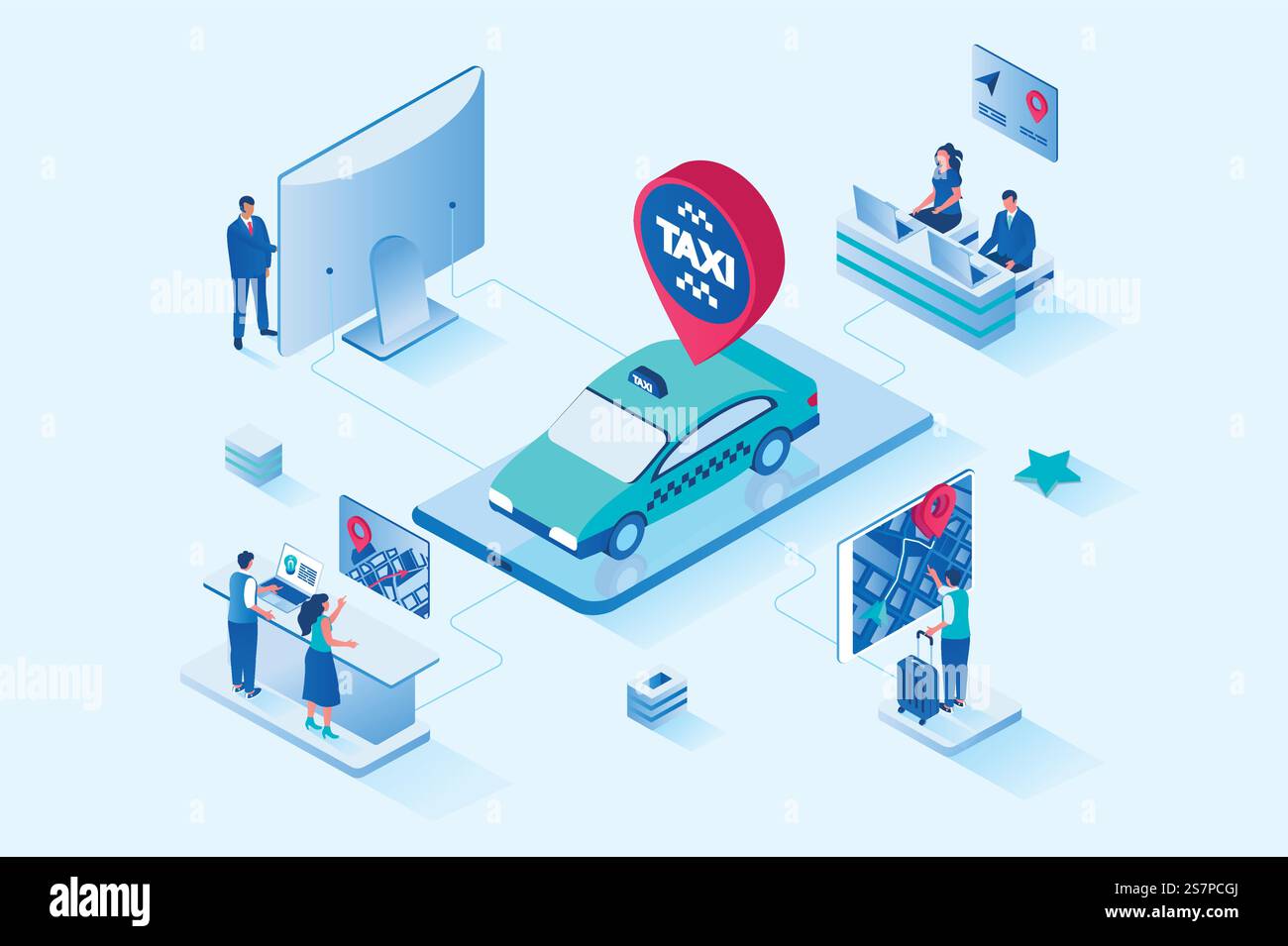 Taxi service 3d isometric web design. People calling taxi, booking car for moving around city or ...