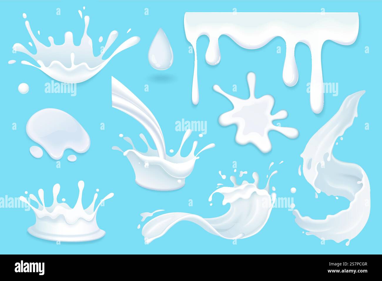 Milk splashing mega set in graphic flat design. Bundle elements of ...