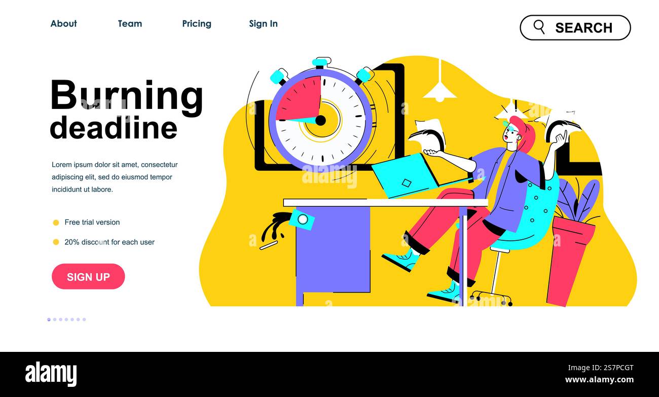Burning deadline concept for landing page template. Angry woman does ...
