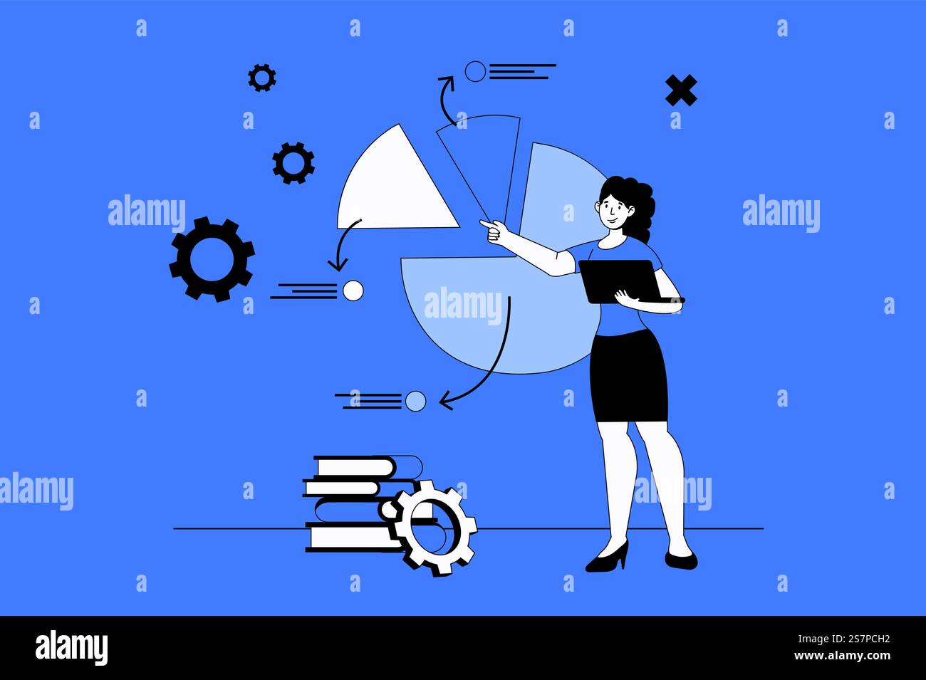 Pie chart web concept with character scene in flat design. People making analysis and working ...