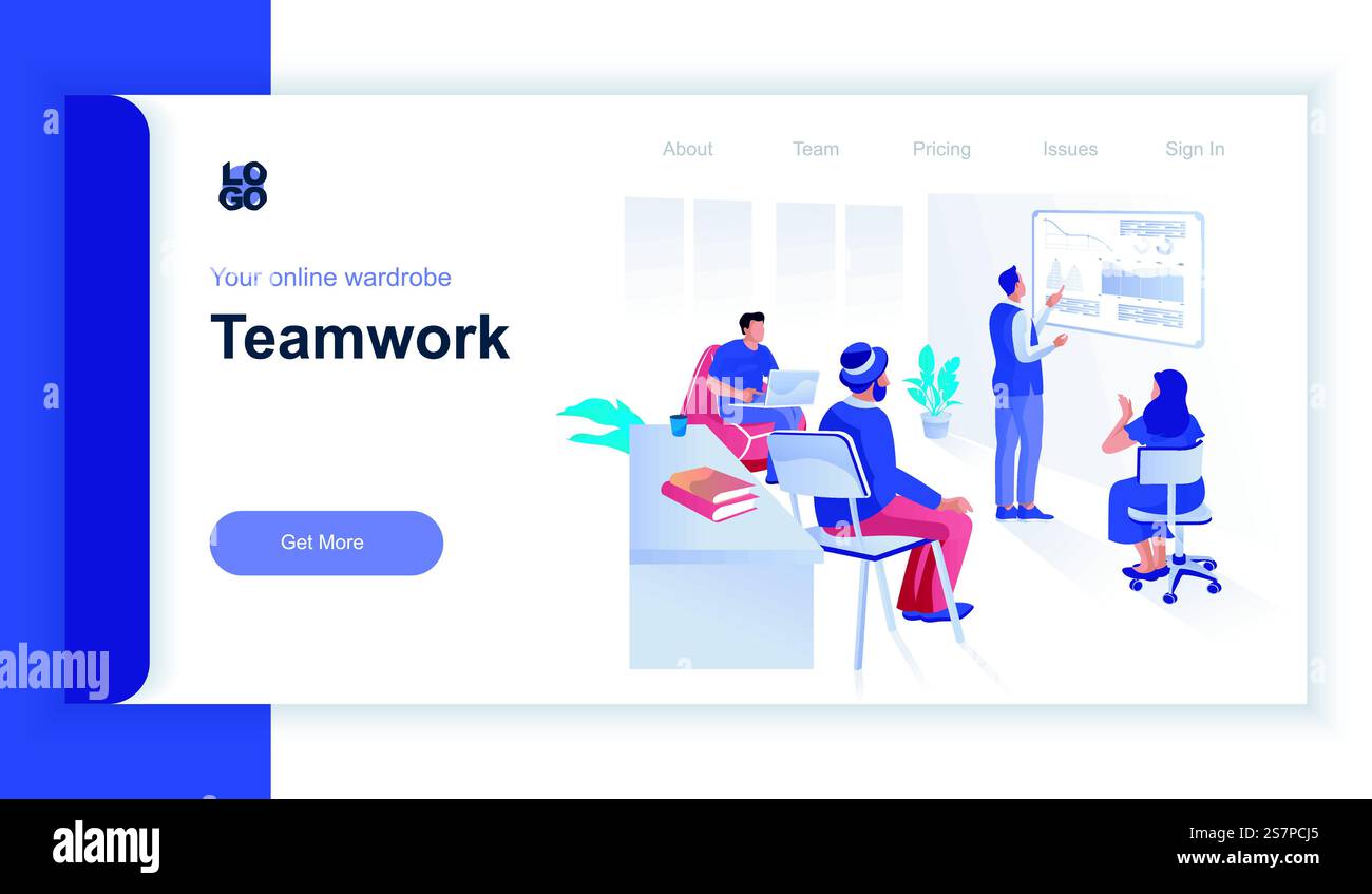 Teamwork concept 3d isometric web banner with people scene. Colleagues ...