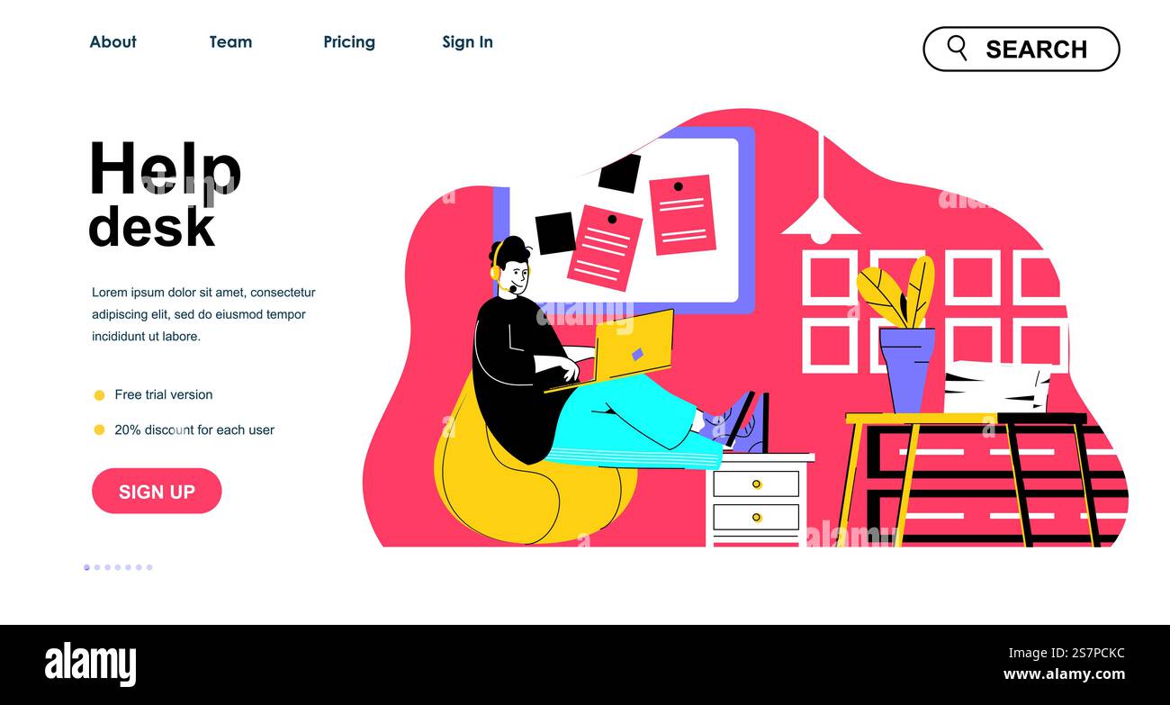 Help desk concept for landing page template. Operator in headphone ...