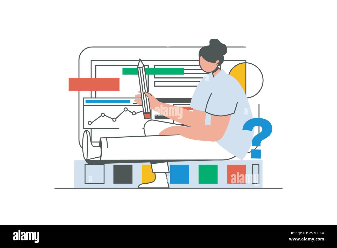 Designer studio outline web concept with character scene. Woman drawing and creating for art ...