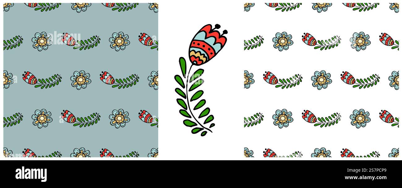 Set Seamless patterns. Folk flower ornament. Pattern in hand drawn ...
