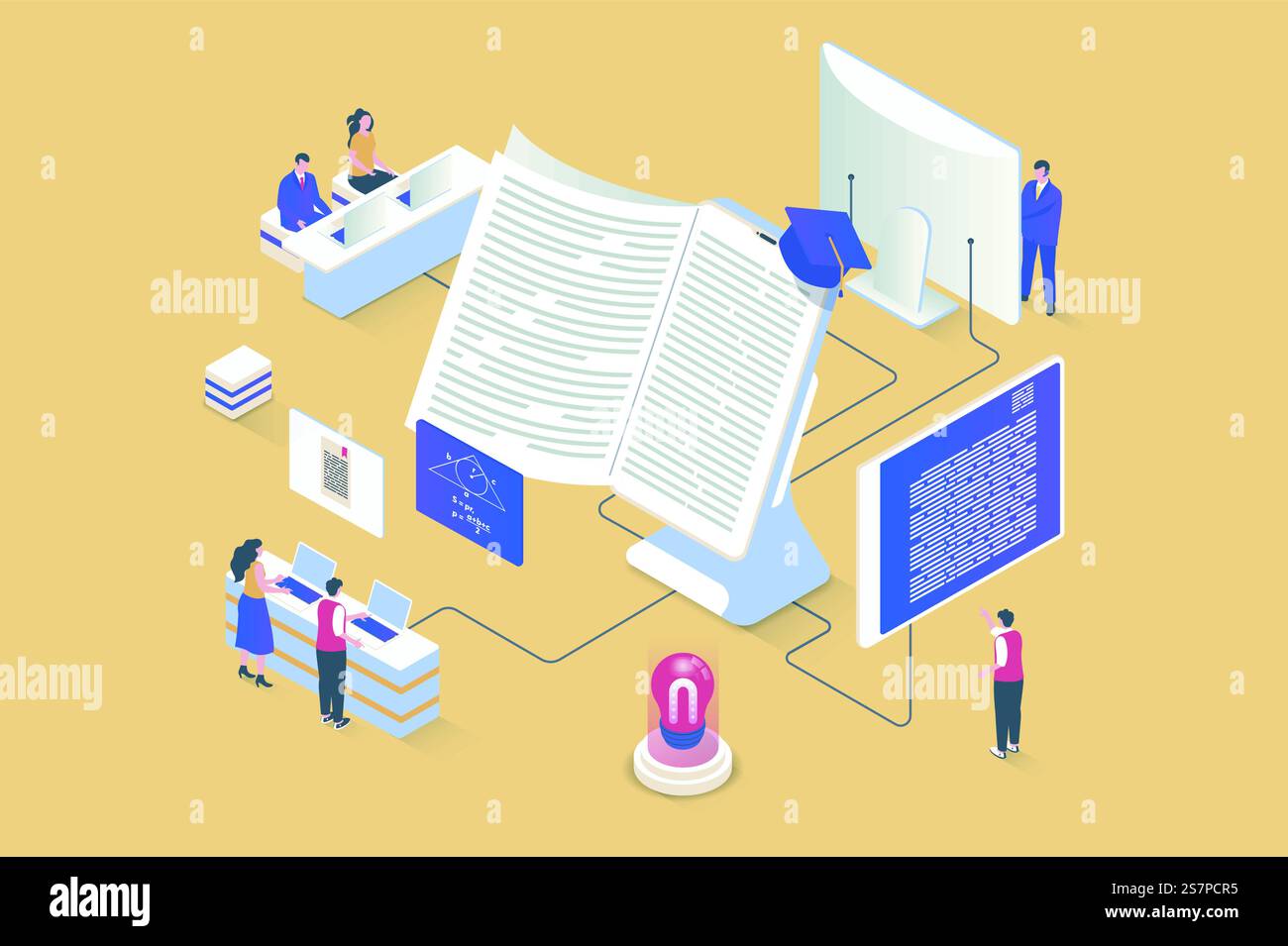 Online studying concept in 3d isometric design. Students read books ...