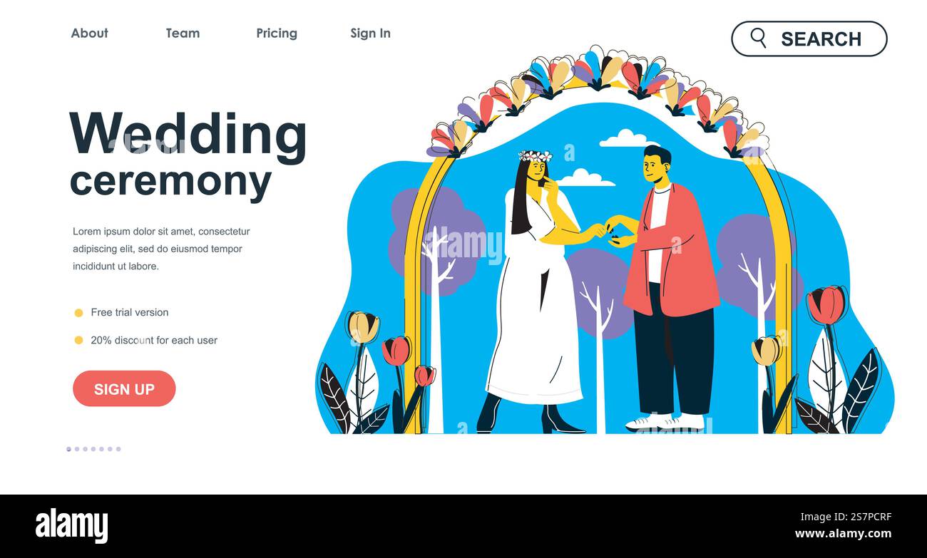 Wedding ceremony concept for landing page template. Bride and groom ...