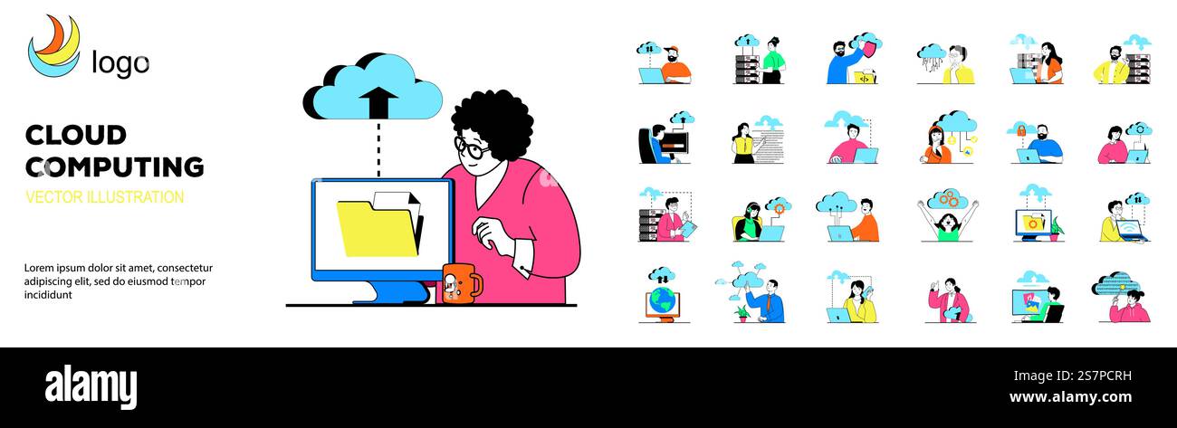 Cloud computing concept with character situations mega set. Bundle of scenes people downloading ...